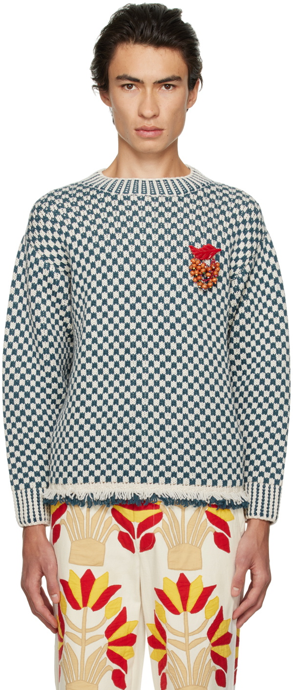 Bode Blue & White Fringe Sweater Bode