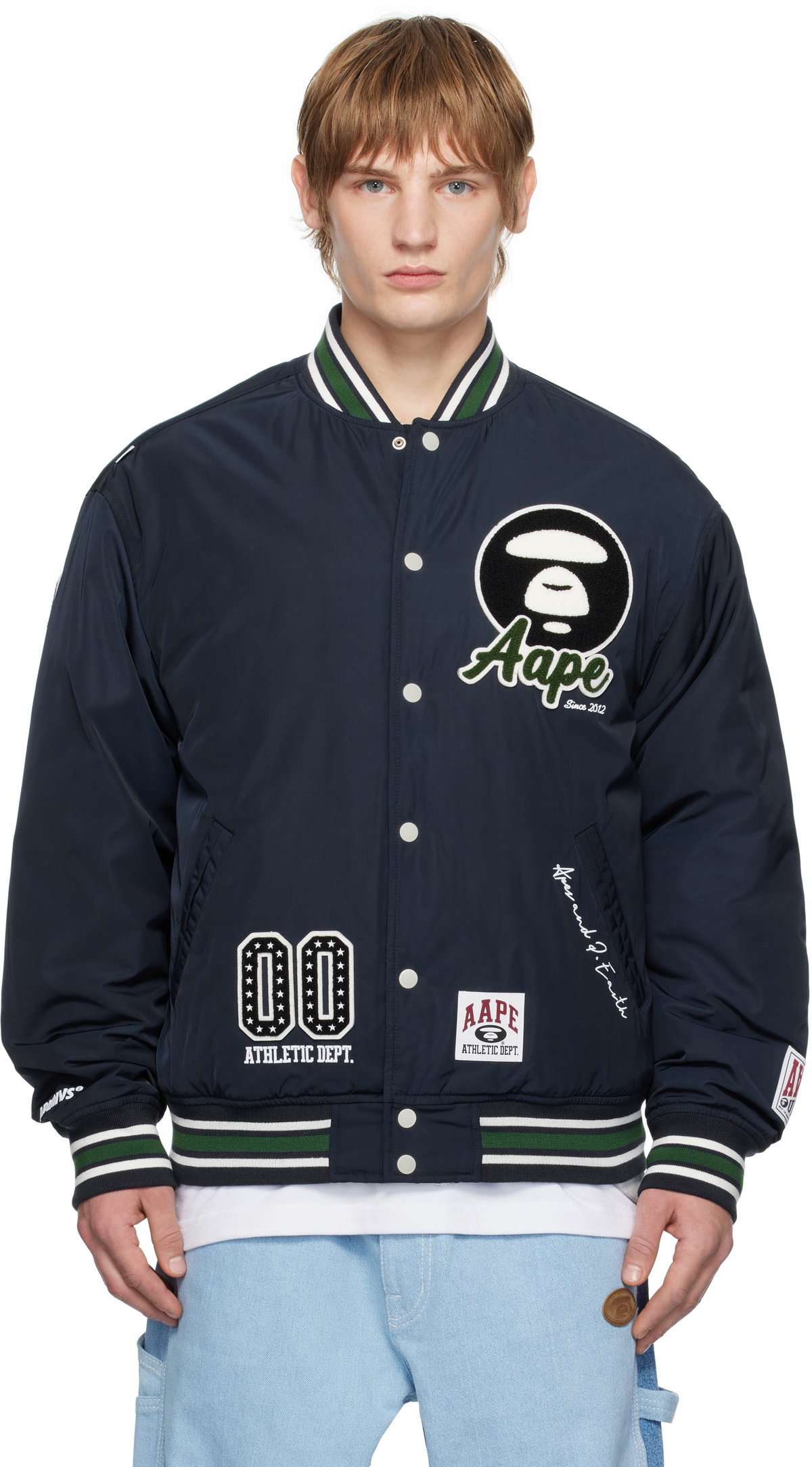 AAPE by A Bathing Ape Navy Moonface Logo Varsity Bomber Jacket AAPE by ...