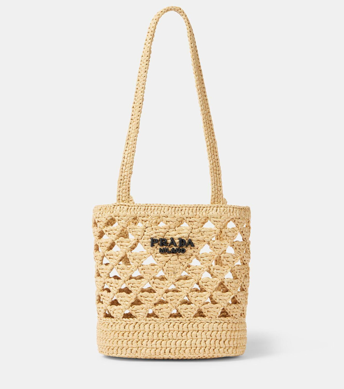 Prada Logo raffia-effect crochet tote bag Prada