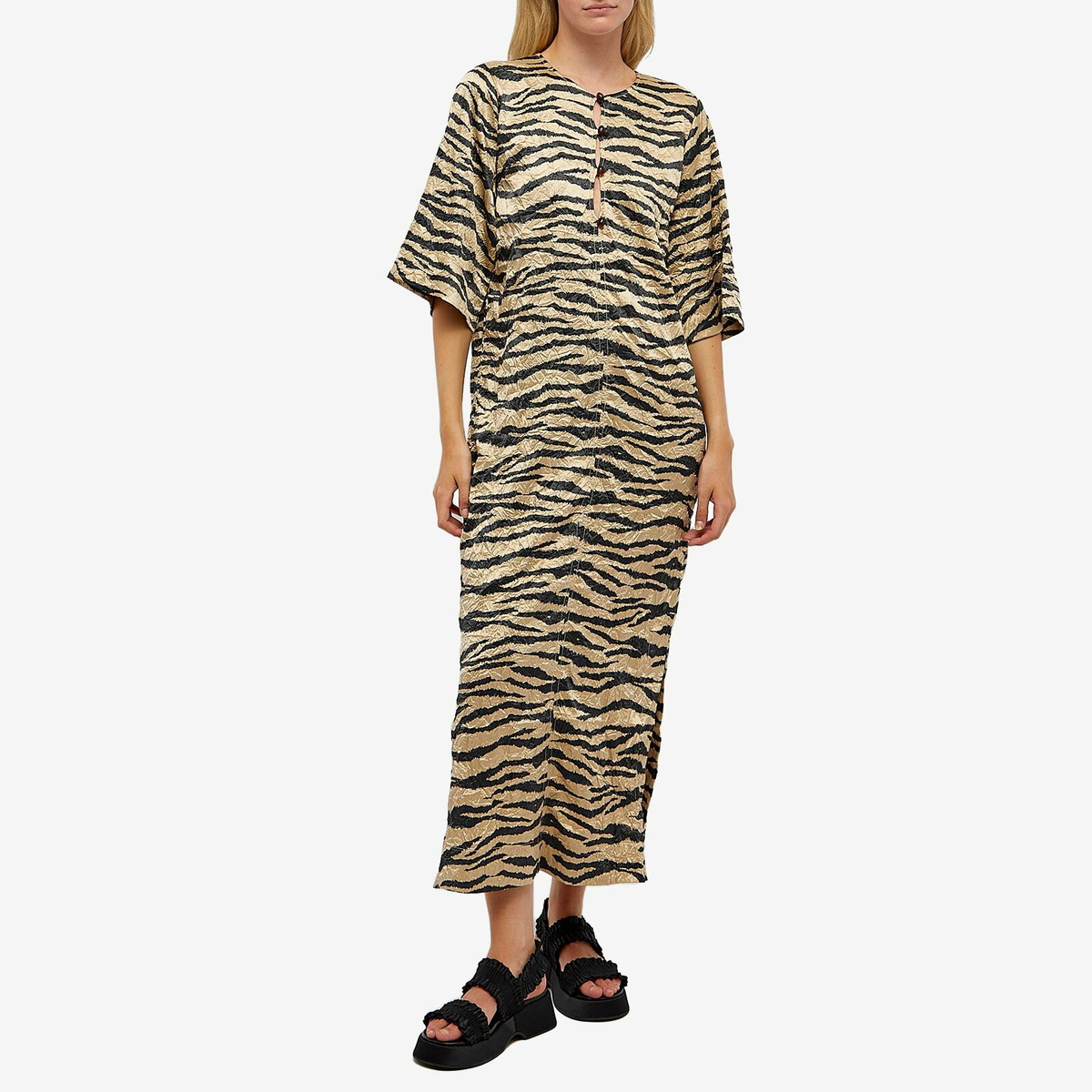 GANNI Women's Crinkled Satin Maxi Dress in Pale Khaki GANNI