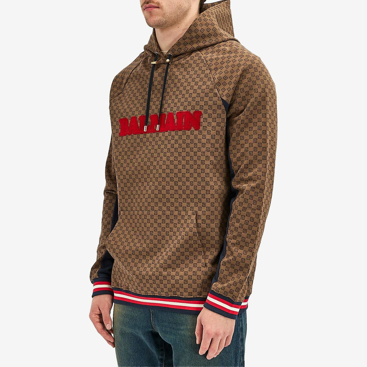 Balmain Men's Retro Logo Mini Monogram Hoodie in Brown/Navy/Red Balmain