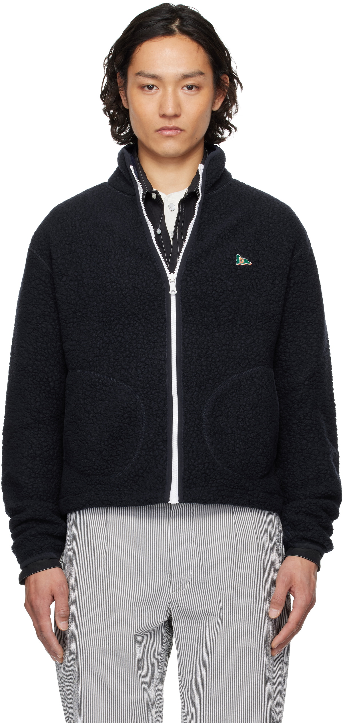 Drake's Navy Boucle Wool Zip Fleece Jacket Drake's