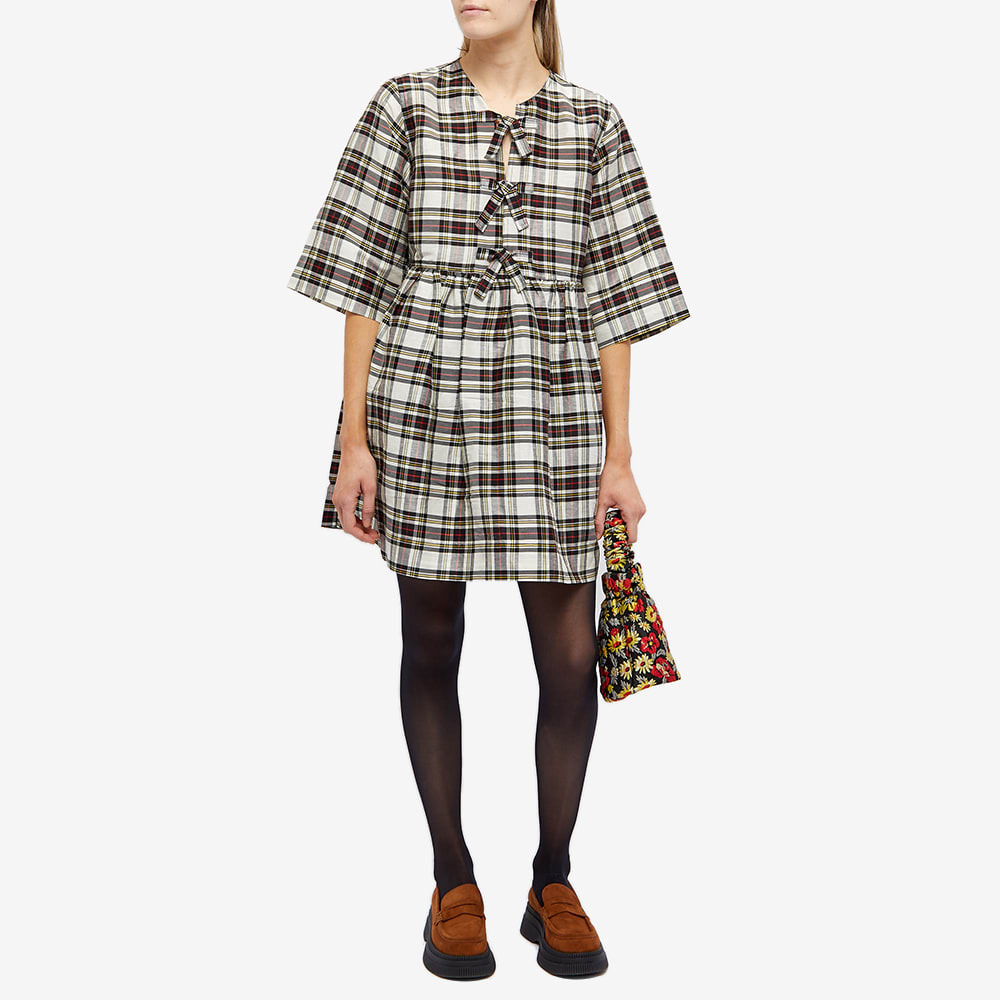 GANNI Women's Silk Check Ribbon Mini Dress in Check Egret GANNI