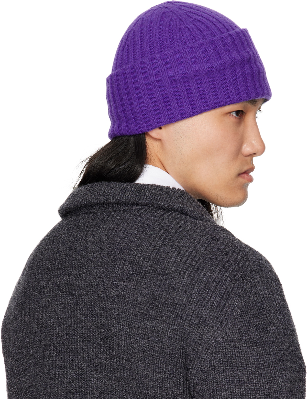 Drake's Purple Lambswool Ribbed Knit Beanie Drake's