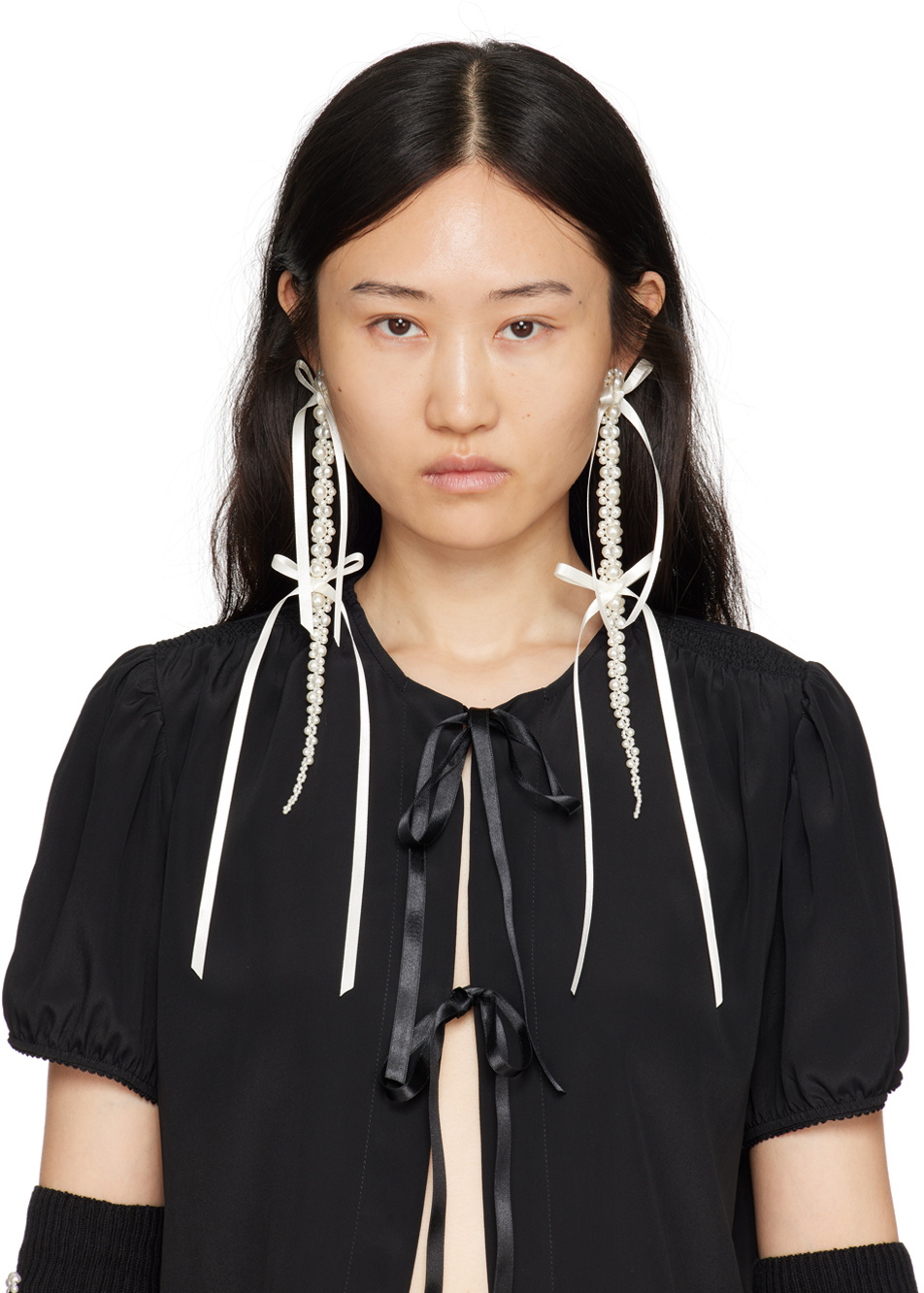 Simone Rocha White Bow Ribbon Double Drip Earrings Simone Rocha