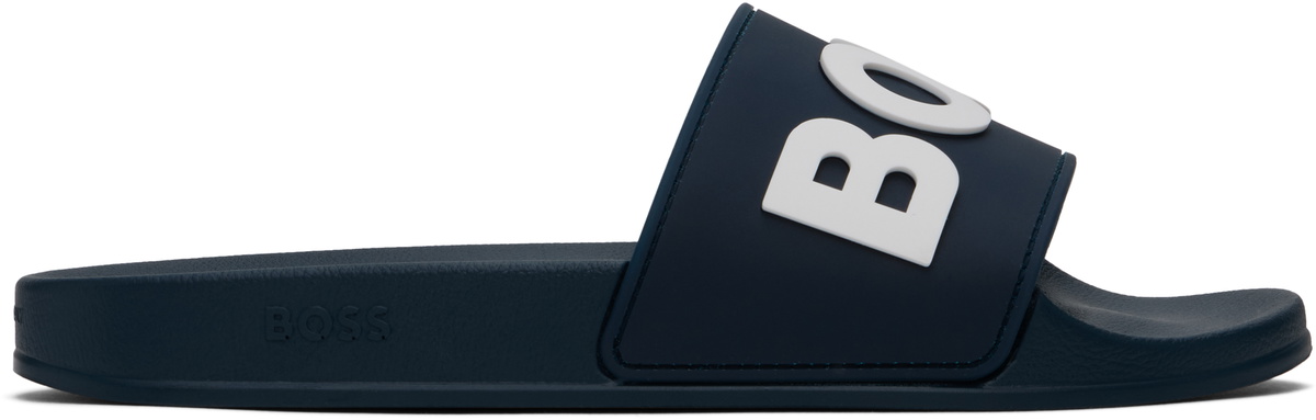 BOSS Navy Raised Logo Pool Slides BOSS