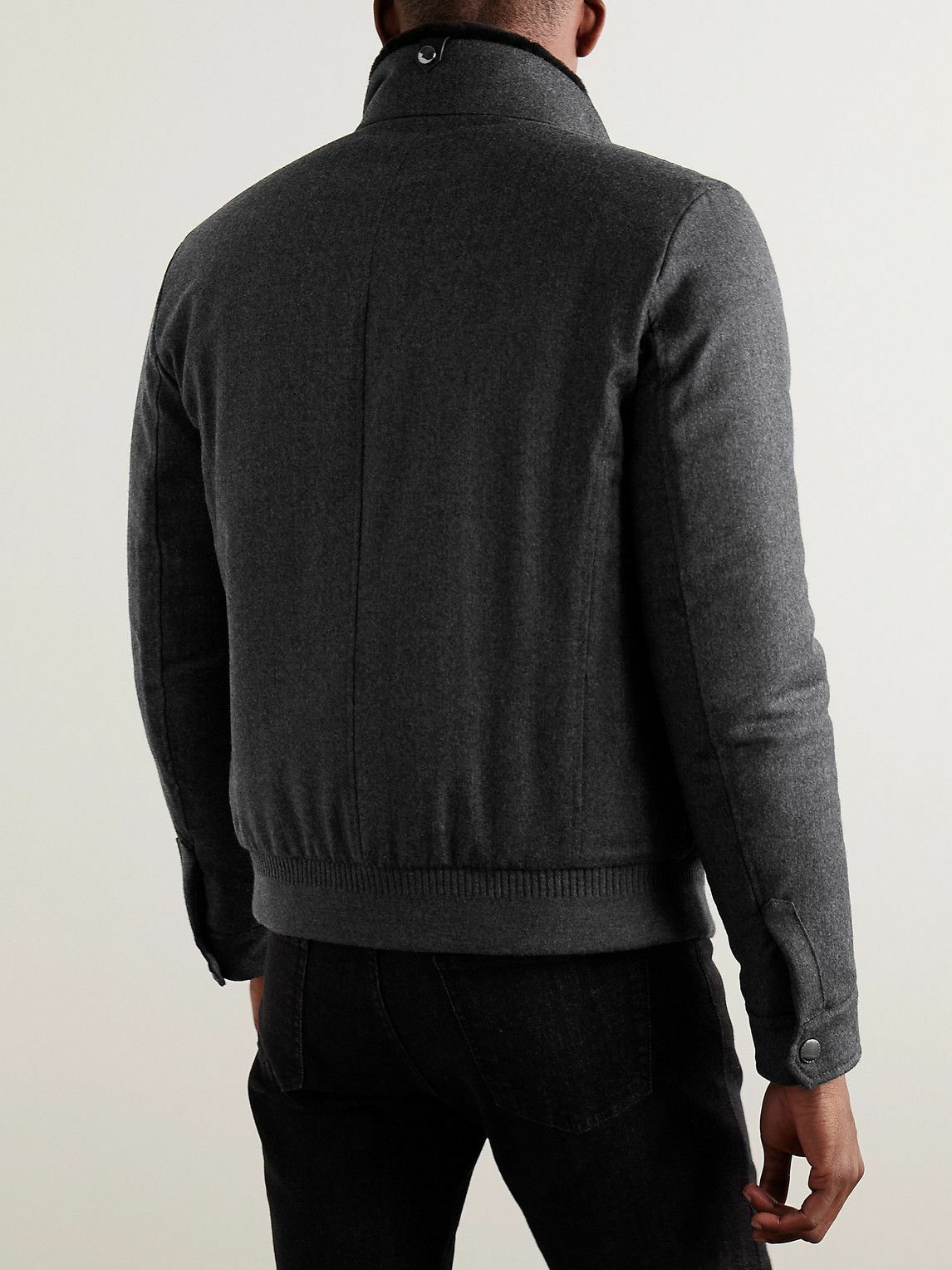 Canali - Shearling-Trimmed Padded Wool-Flannel Bomber Jacket - Gray Canali