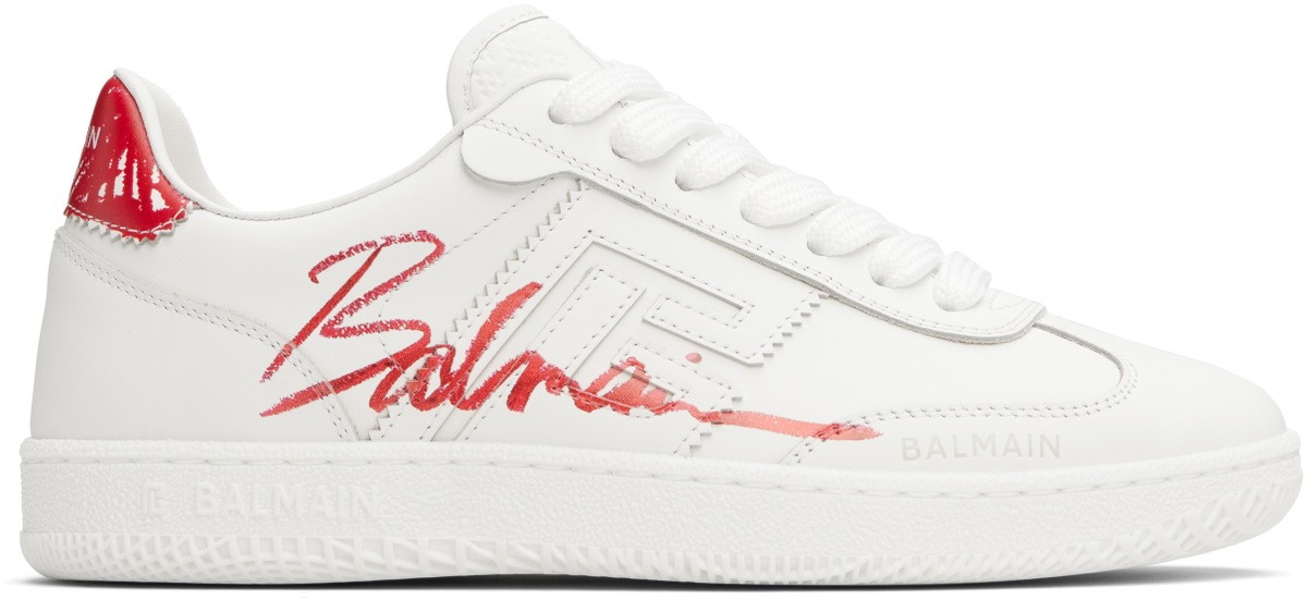 Balmain White & Red Leather 'Balmain' Swan Lipstick Sneakers Balmain