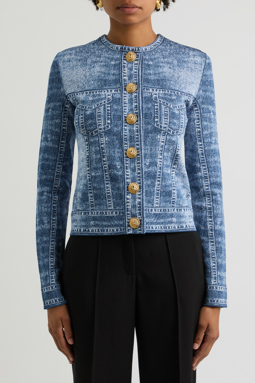 Balmain Denim-intarsia Knitted Cardigan Balmain