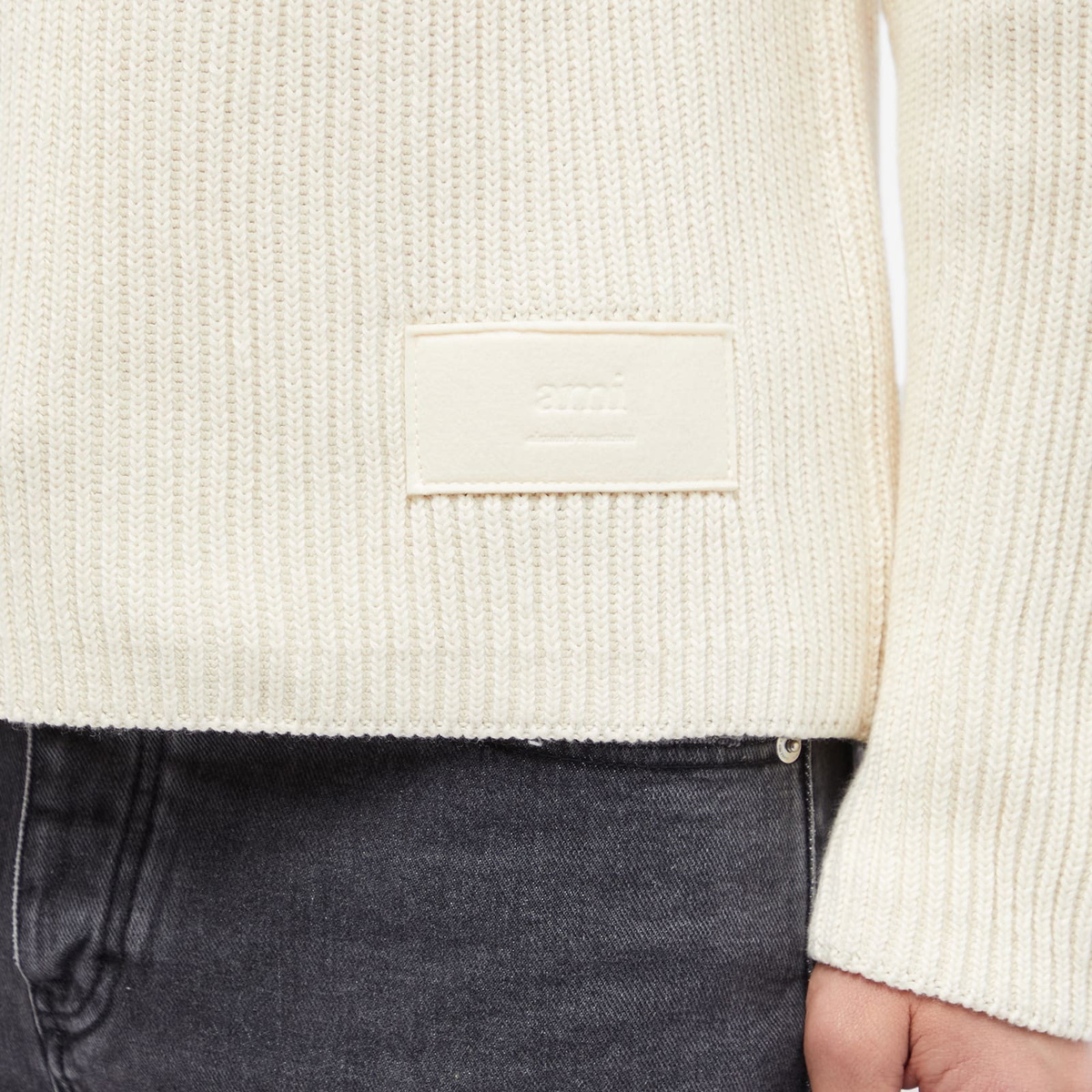 AMI Paris Men's Logo Label Ribbed Crew Knit in Ivory AMI