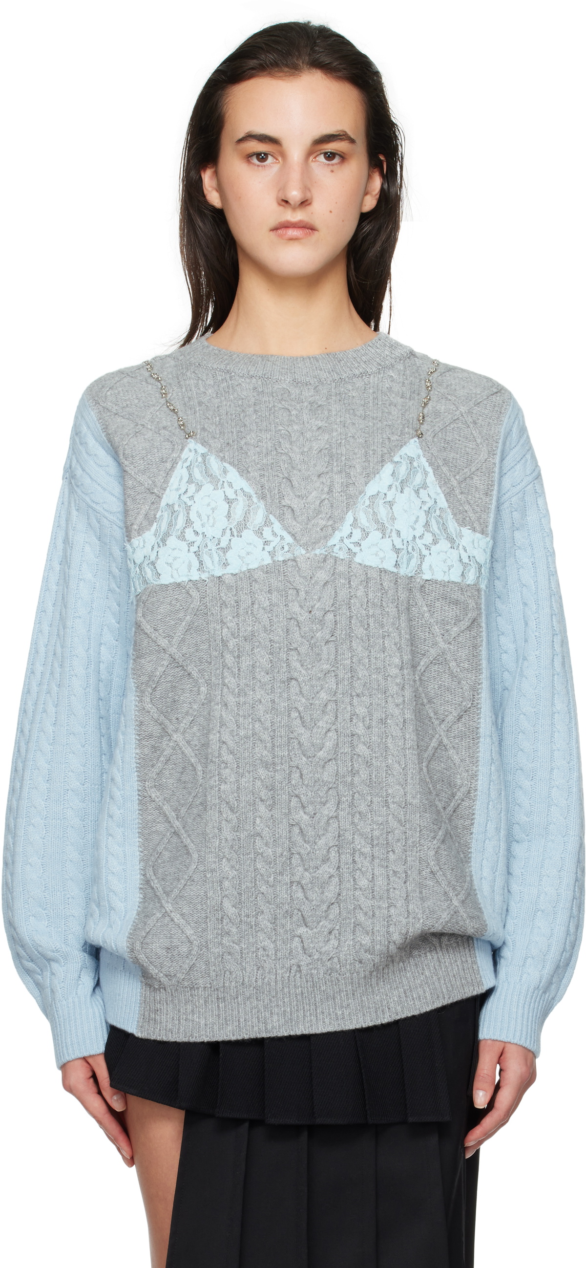 Andersson Bell Gray & Blue Lace Lingerie Boyfriend Knit Sweater ...