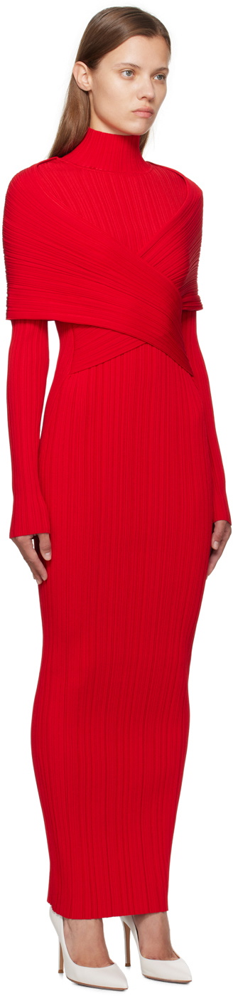 Balmain Red Pleated Knit Maxi Dress Balmain