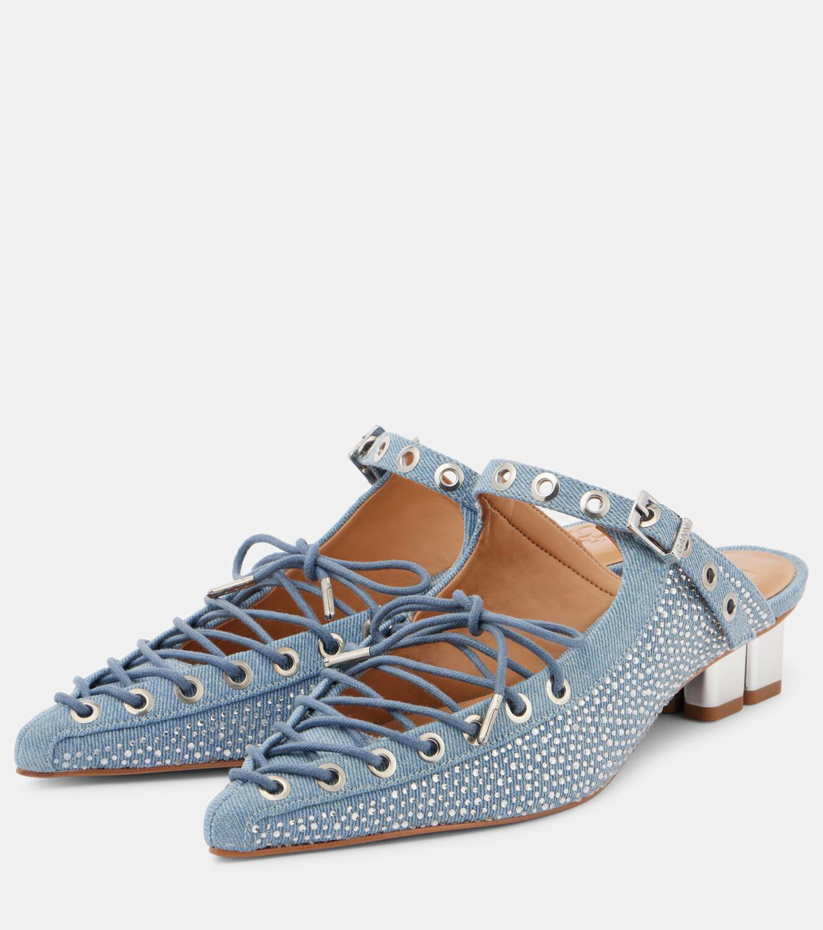 Ganni Embellished lace-up denim mules GANNI