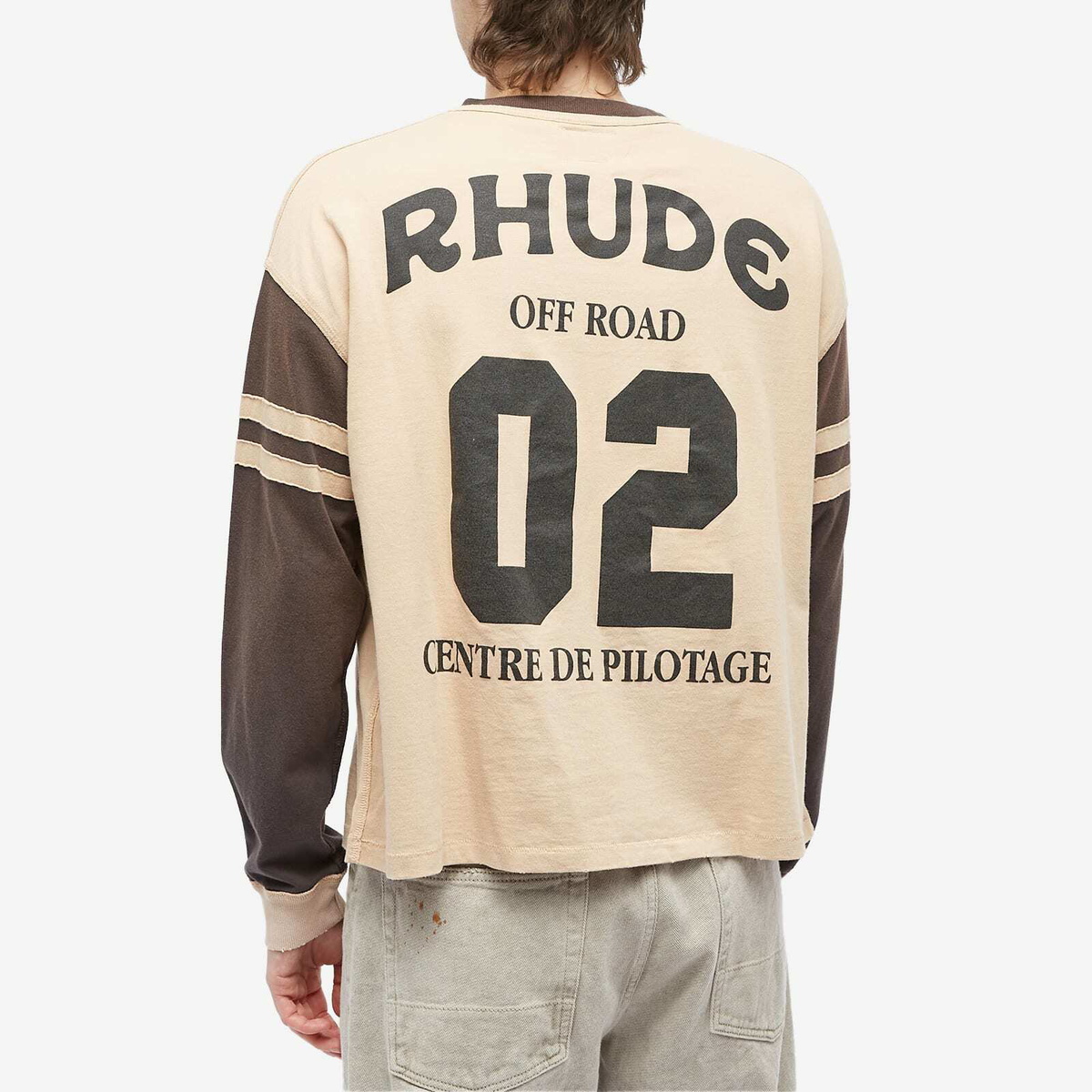 Rhude Men's Long Sleeve Triple R Contrast T-Shirt in Khaki/Black Rhude