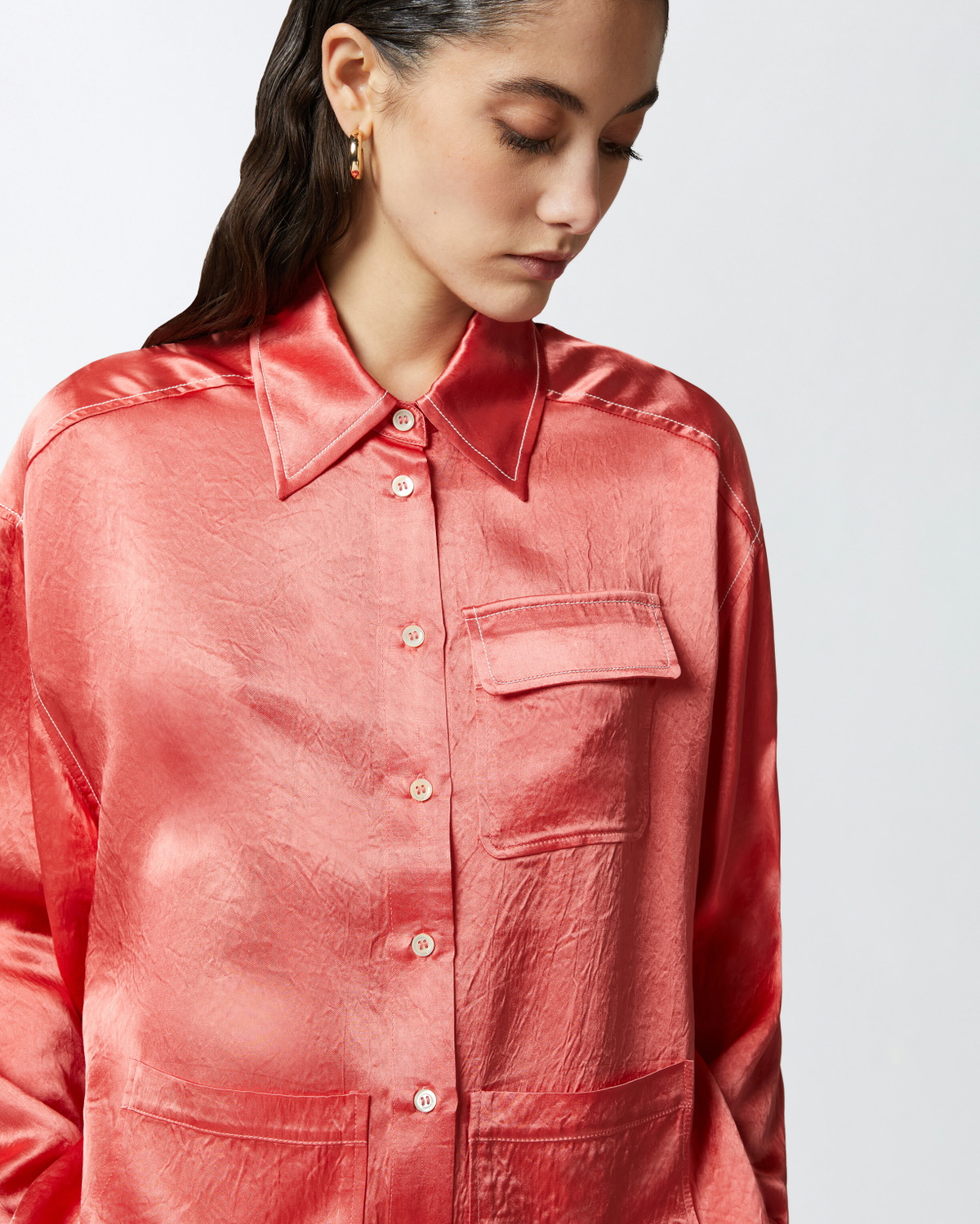 Pinko Flowing Satin Shirt With Small Pocket Sunny Coral Pinko