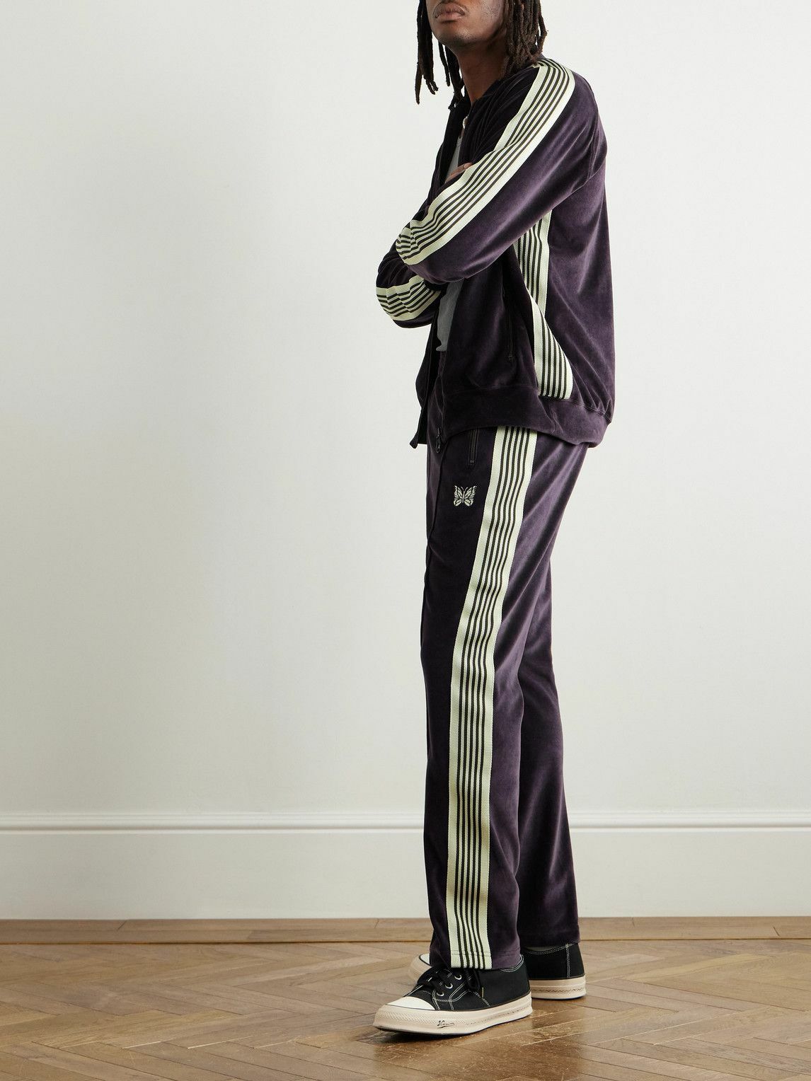 Needles - Logo-Embroidered Striped Cotton-Blend Velour Track Pants ...