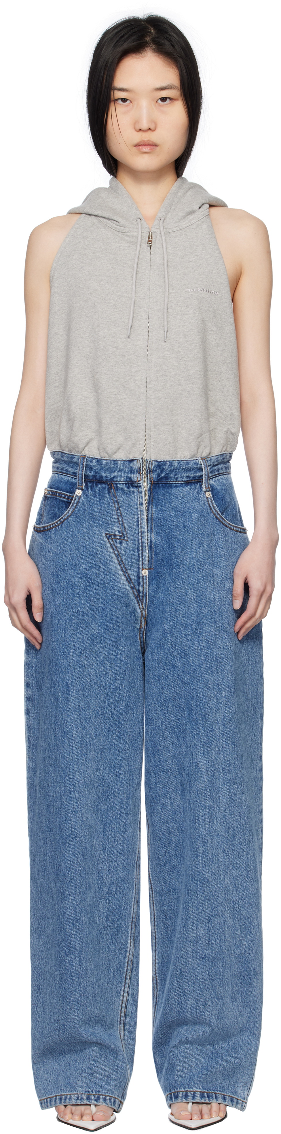 Pushbutton Blue & Gray Halter Hoodie Jumpsuit Pushbutton