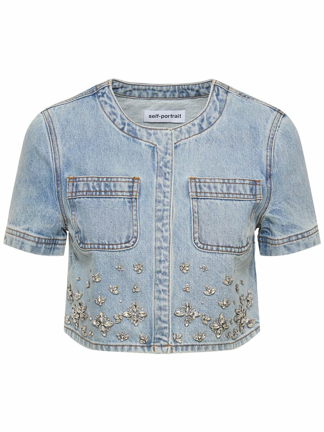 SELF-PORTRAIT Embellished Denim Top Self-Portrait