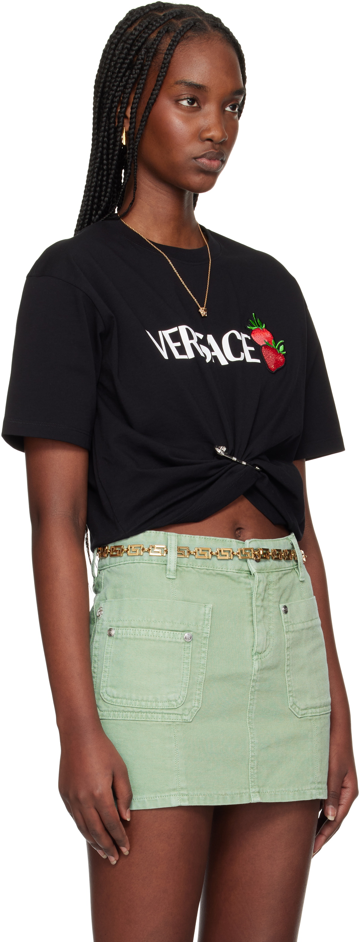 Versace Black Strawberry Garden Safety Pin Crop T Shirt Versace