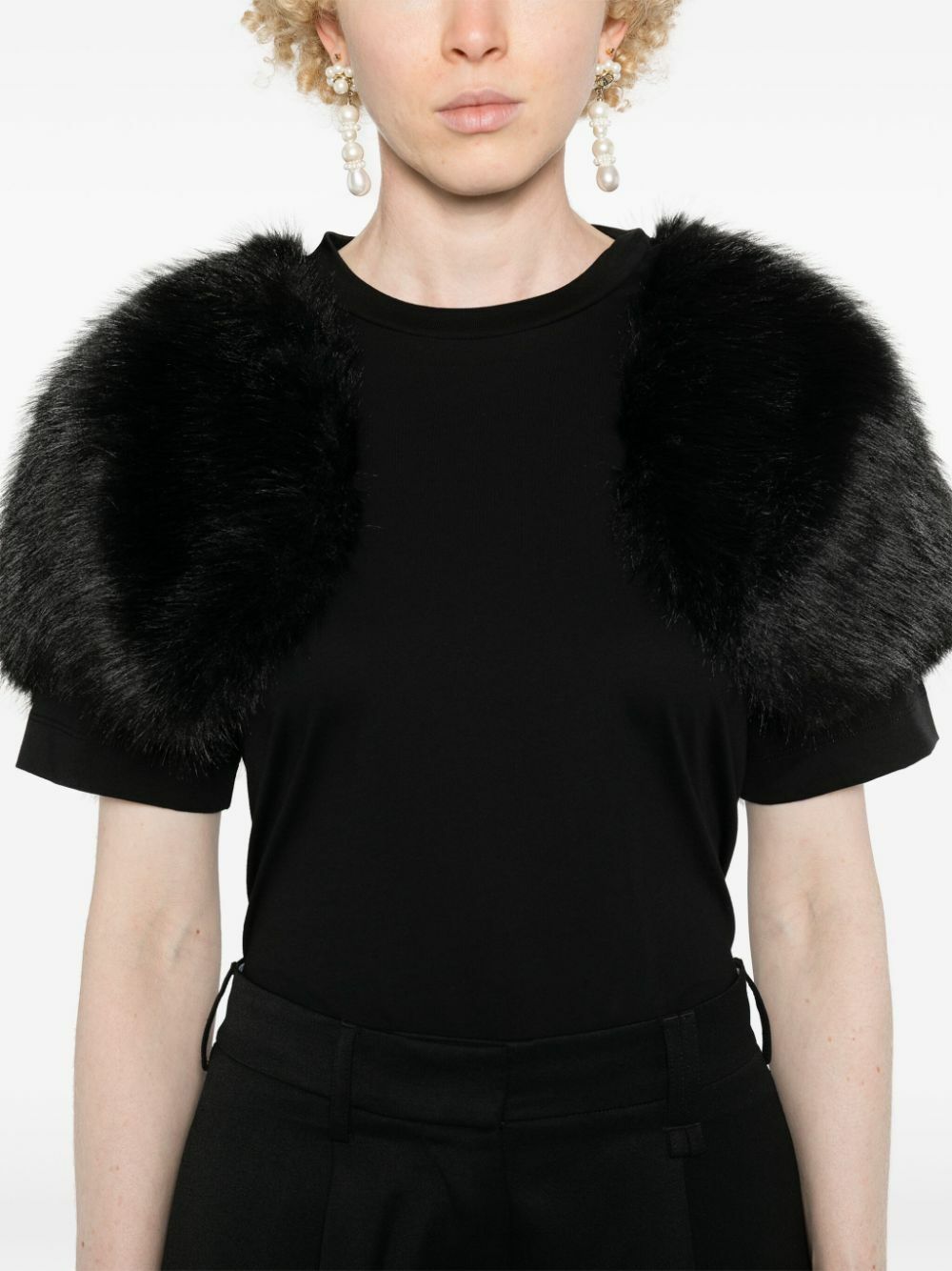 Simone Rocha Black Faux Fur-Sleeve T-Shirt Simone Rocha