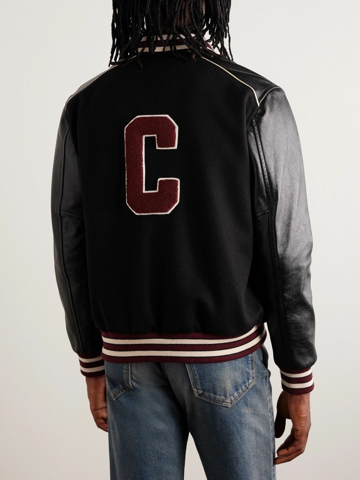 CELINE - Teddy Logo-Appliquéd Wool-Blend and Leather Varsity Jacket ...