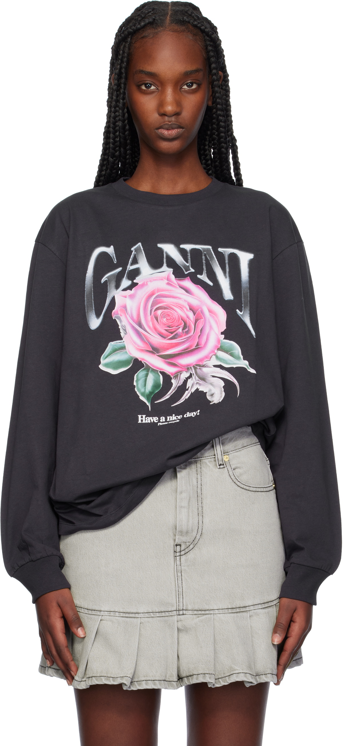 GANNI Black Basic Jersey Rose Relaxed T-shirt GANNI