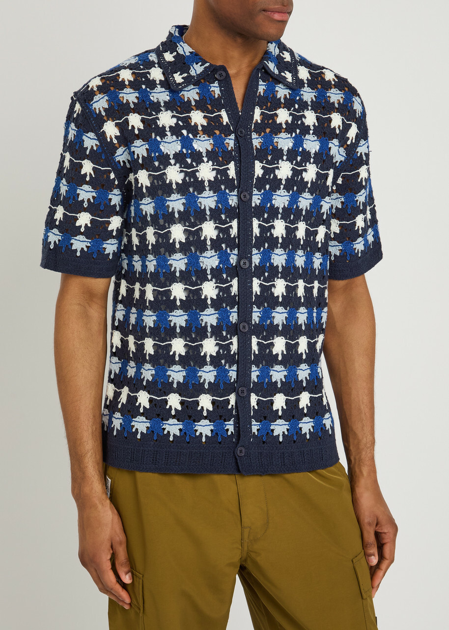 Wax London Crotchet-design Cotton-knit Shirt Navy Wax London