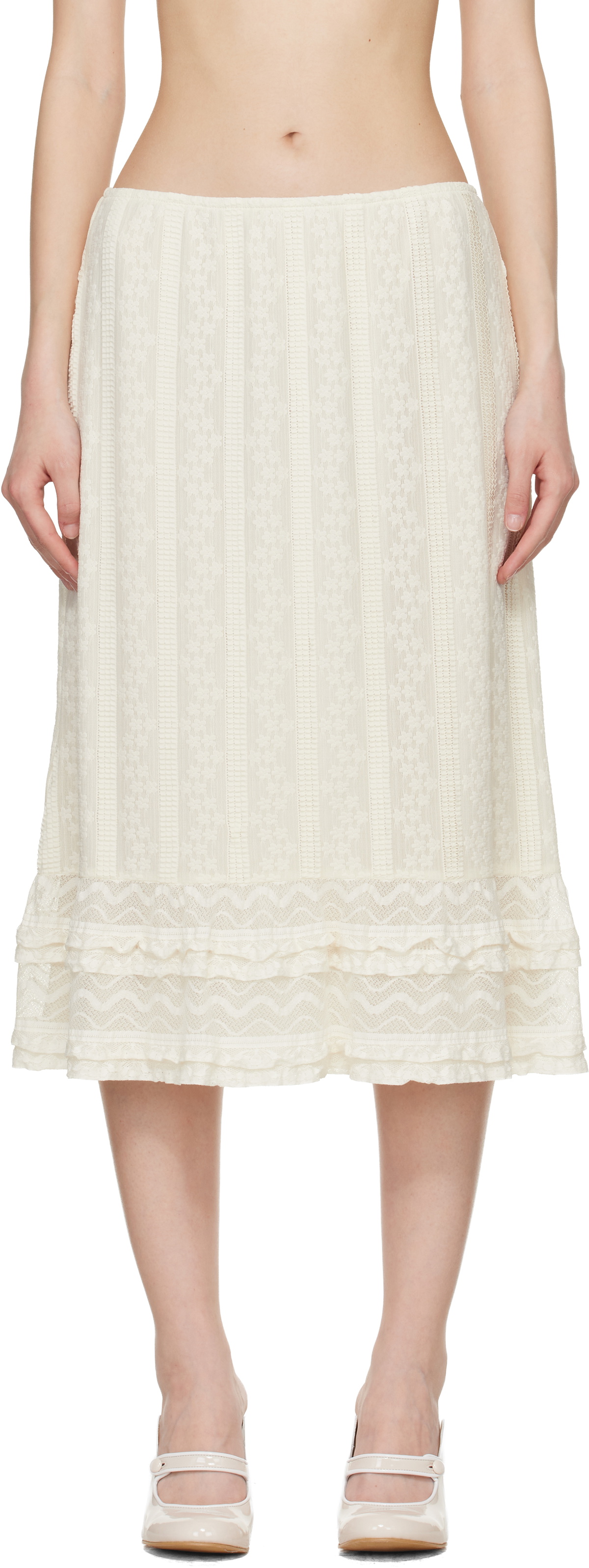 Anna Sui Off-White Floral Ruffle Stretch Lace Midi Skirt Anna Sui