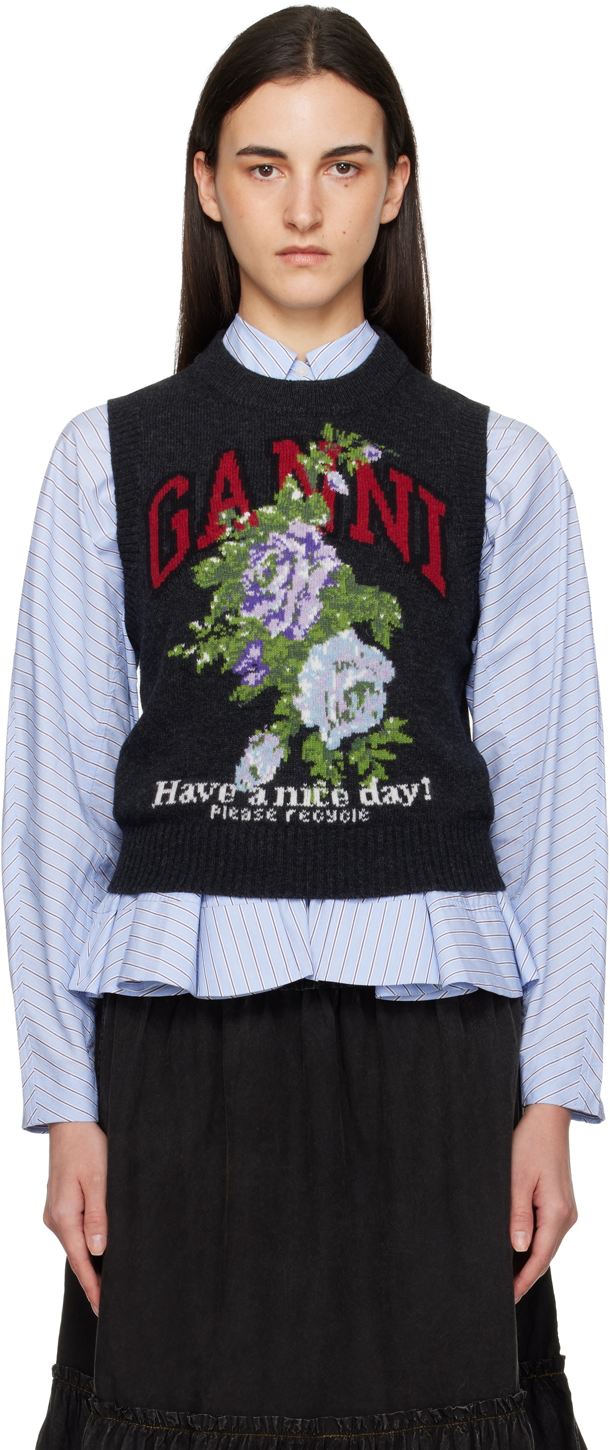 GANNI Grey Rose Wool Vest GANNI