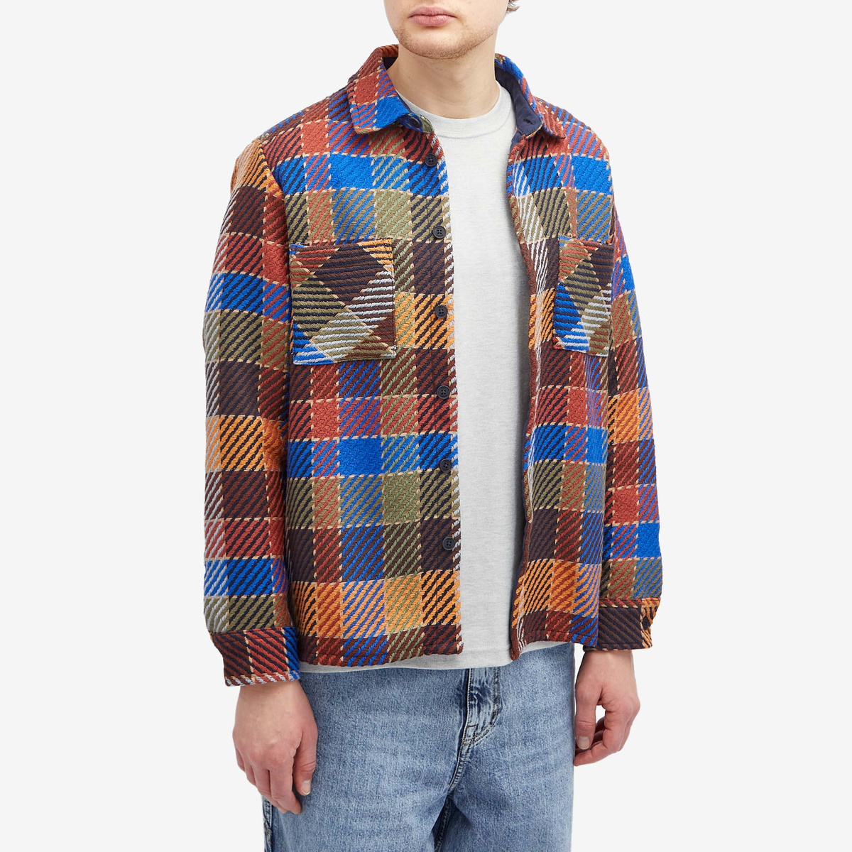 Wax London Men's Whiting Pike Overshirt in Burgundy/Blue Wax London