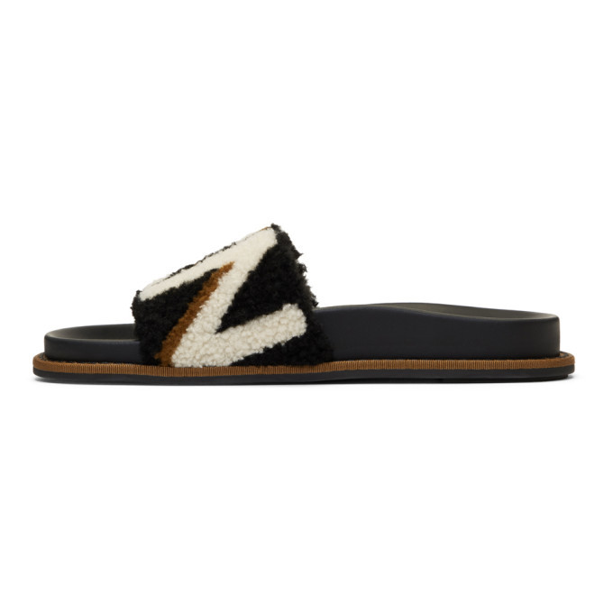 Fendi Black Shearling Logo Slides Fendi