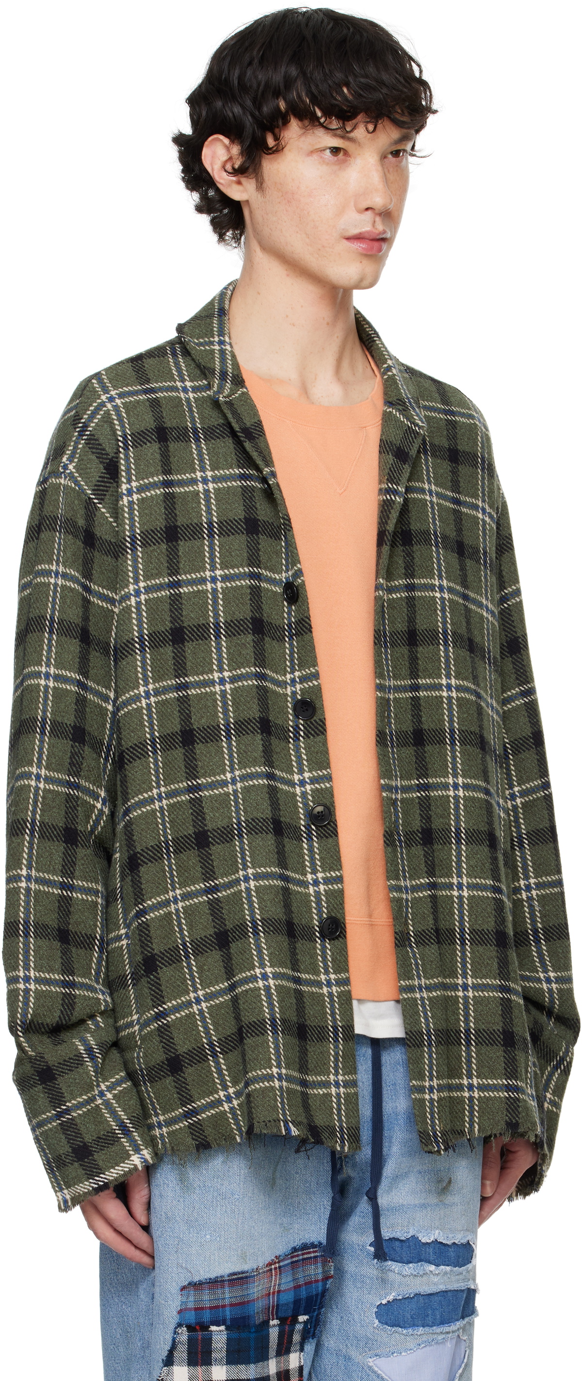 Greg Lauren Khaki Plaid Shawl Collar Shirt Greg Lauren