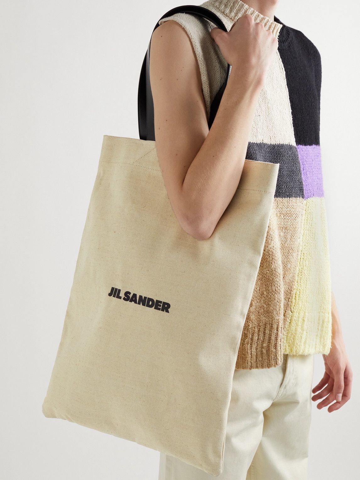 Jil Sander - Leather-Trimmed Logo-Print Cotton-Canvas Tote Bag Jil Sander