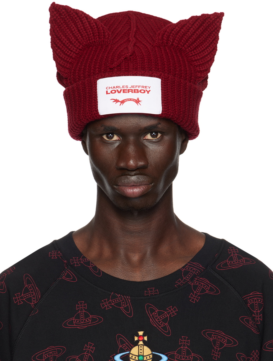 Charles Jeffrey LOVERBOY SSENSE Exclusive Burgundy Chunky Ears Beanie ...