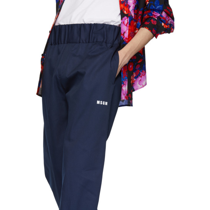 MSGM Navy Gabardine Logo Trousers MSGM