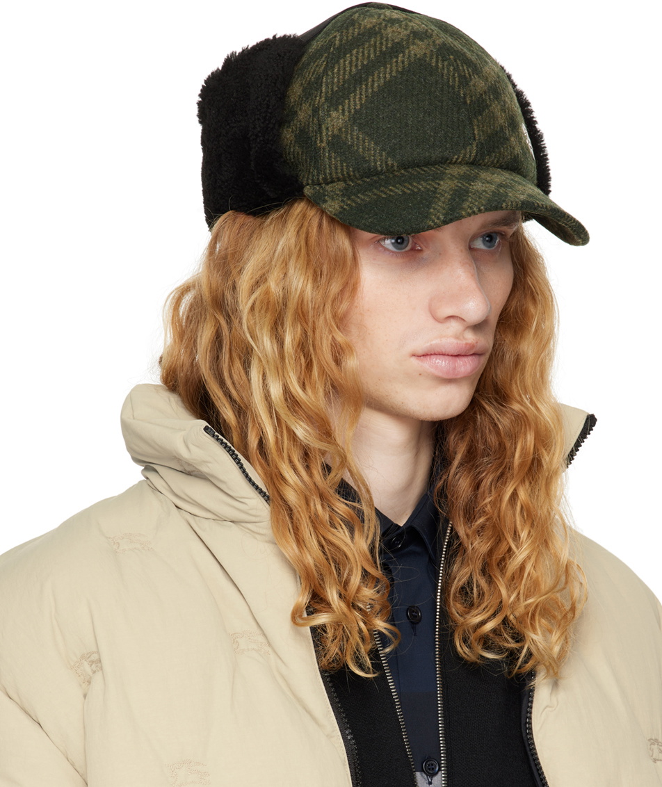 Burberry Green Shearling Trim Corduroy Trapper Cap Burberry