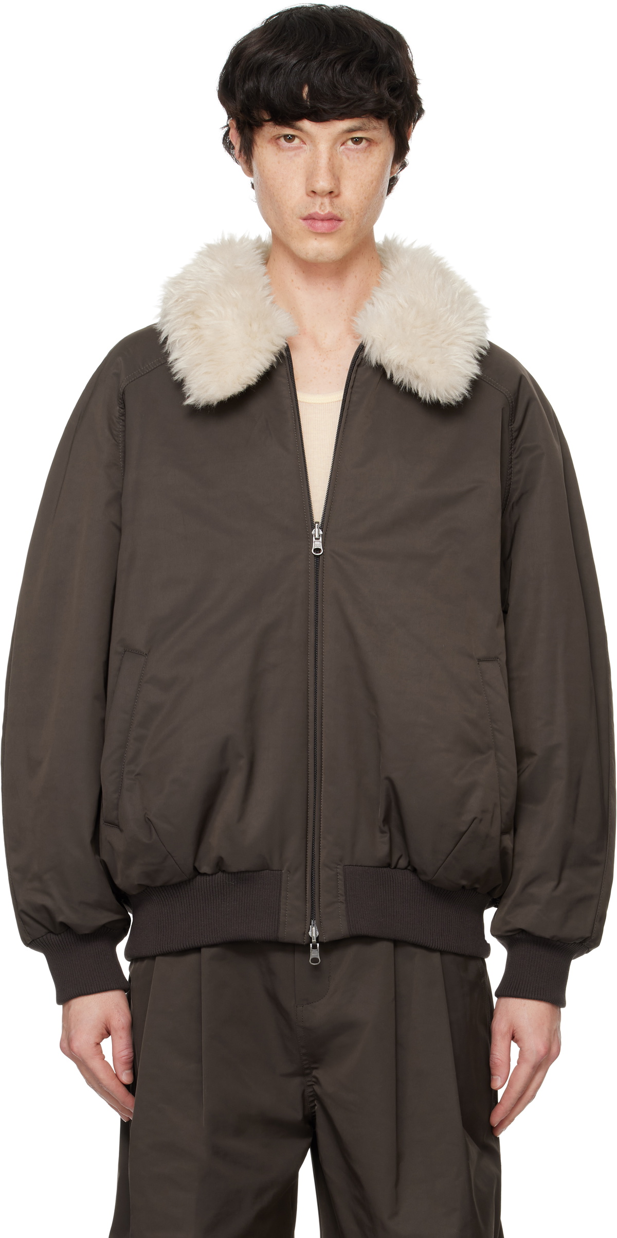 AMOMENTO Brown Oversized Shearing Reversible Bomber Jacket AMOMENTO