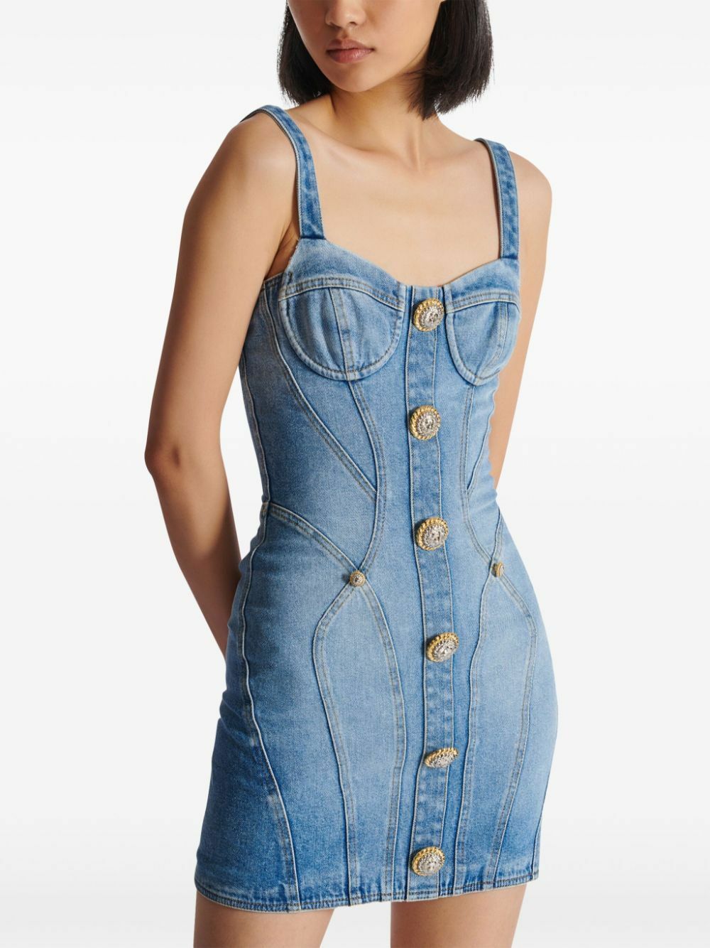 Balmain Blue Button-Embellished Denim Mini Dress Balmain