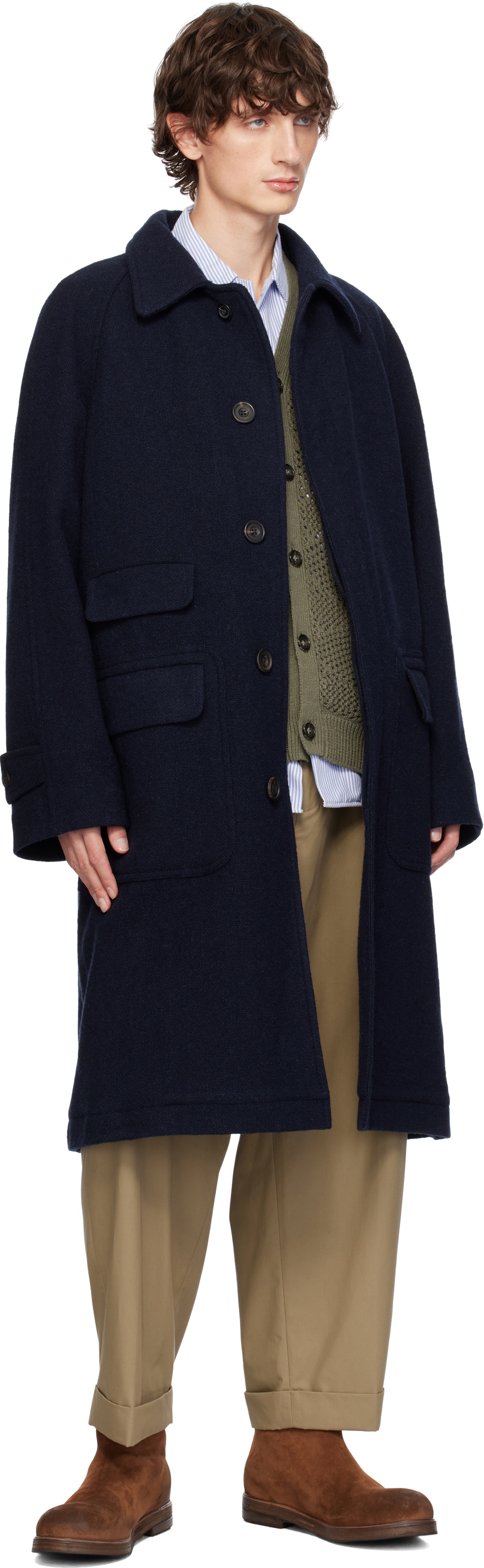 Drake's Navy Wool Raglan Coat Drake's