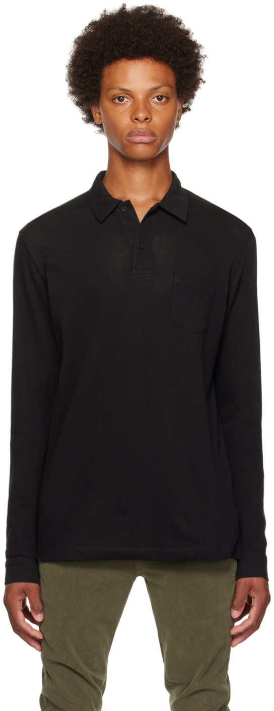Sunspel Black Riviera Long Sleeve Polo Sunspel