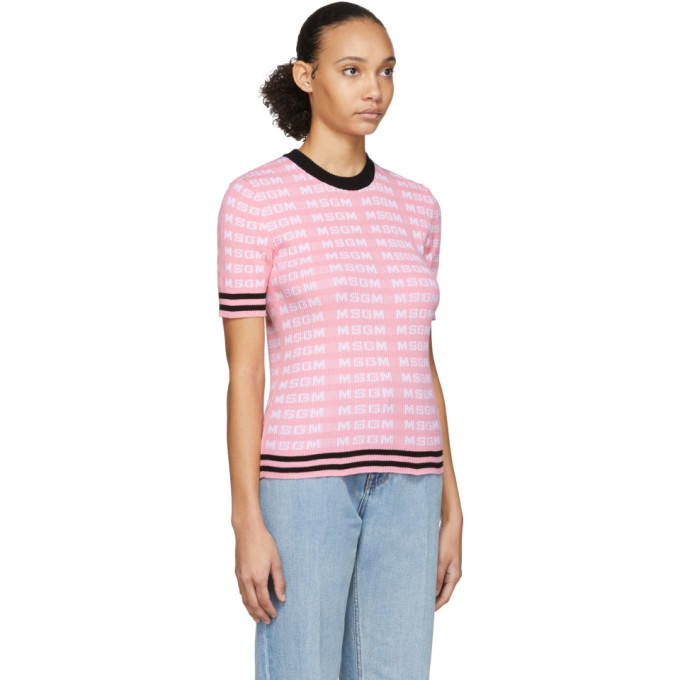 MSGM Pink All Over Logo Short Sleeve Sweater MSGM