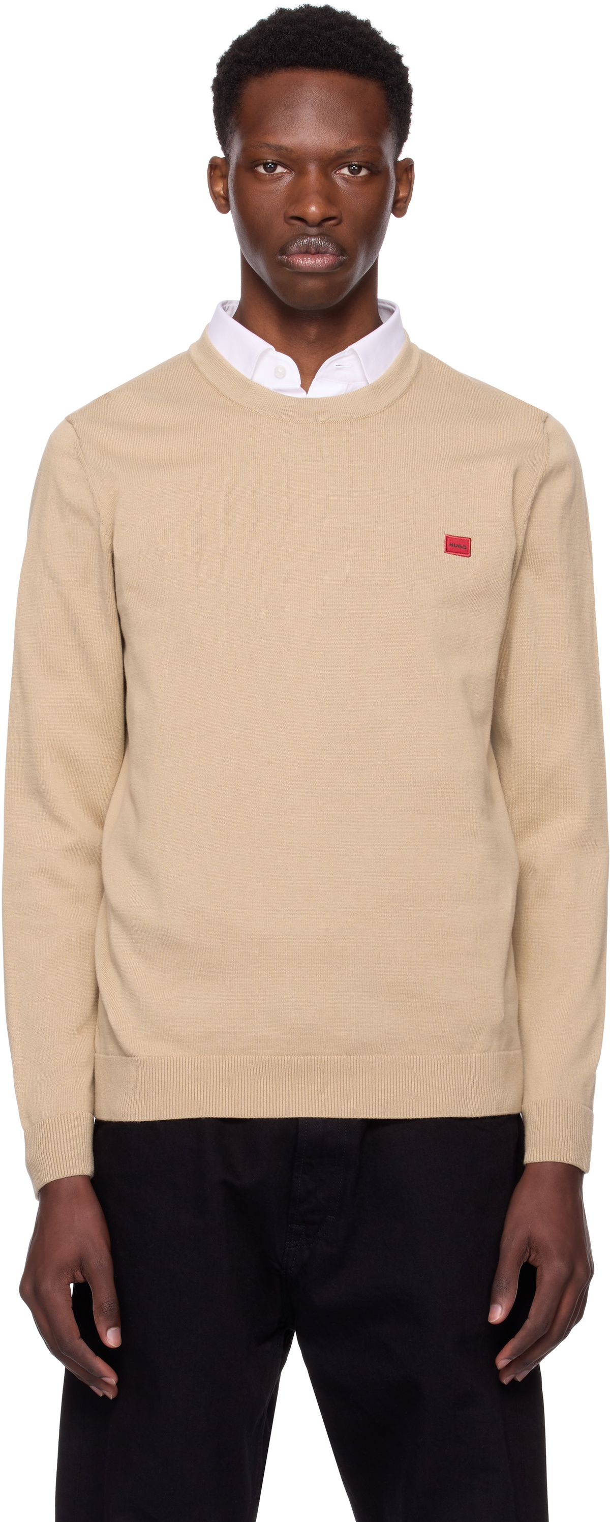 Hugo Beige Knitted Cotton Red Logo Label Sweater Hugo Boss
