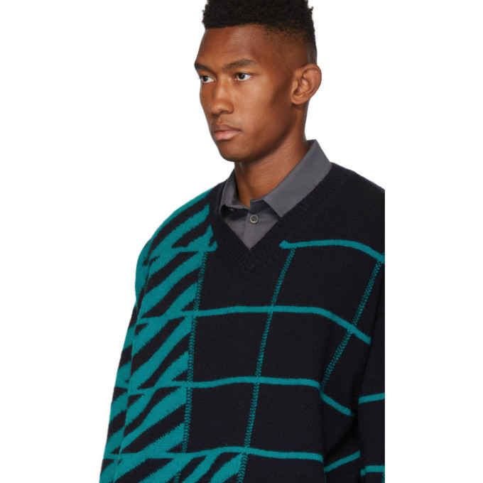 Off-White Navy and Blue Diag Panel Sweater Off-White
