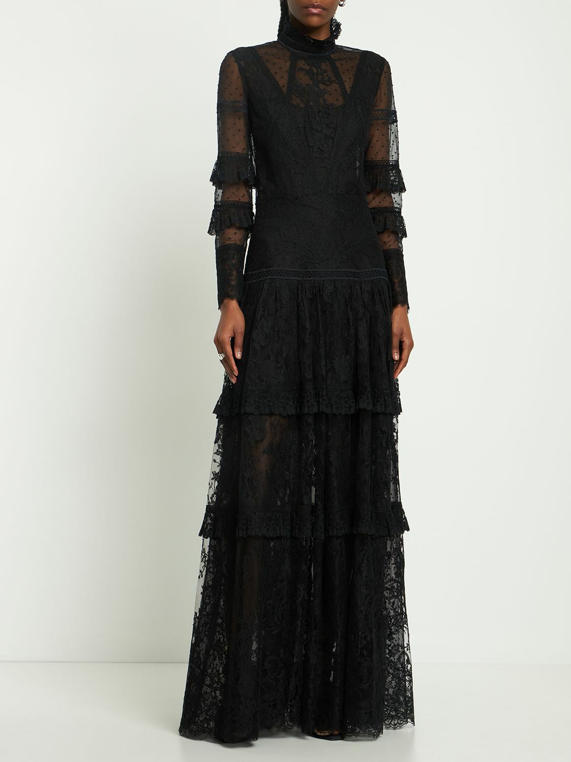 COSTARELLOS Lace Tulle High Neck Long Dress Costarellos
