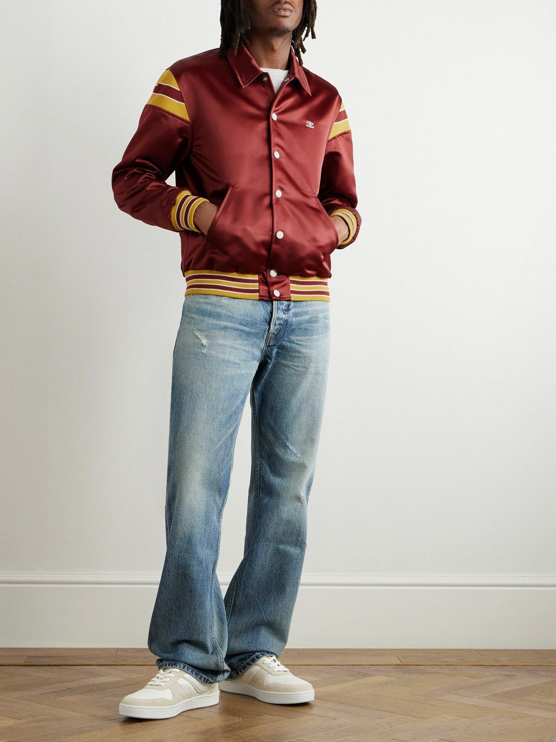 CELINE - Teddy Logo-Embroidered Satin Varsity Jacket - Burgundy Celine