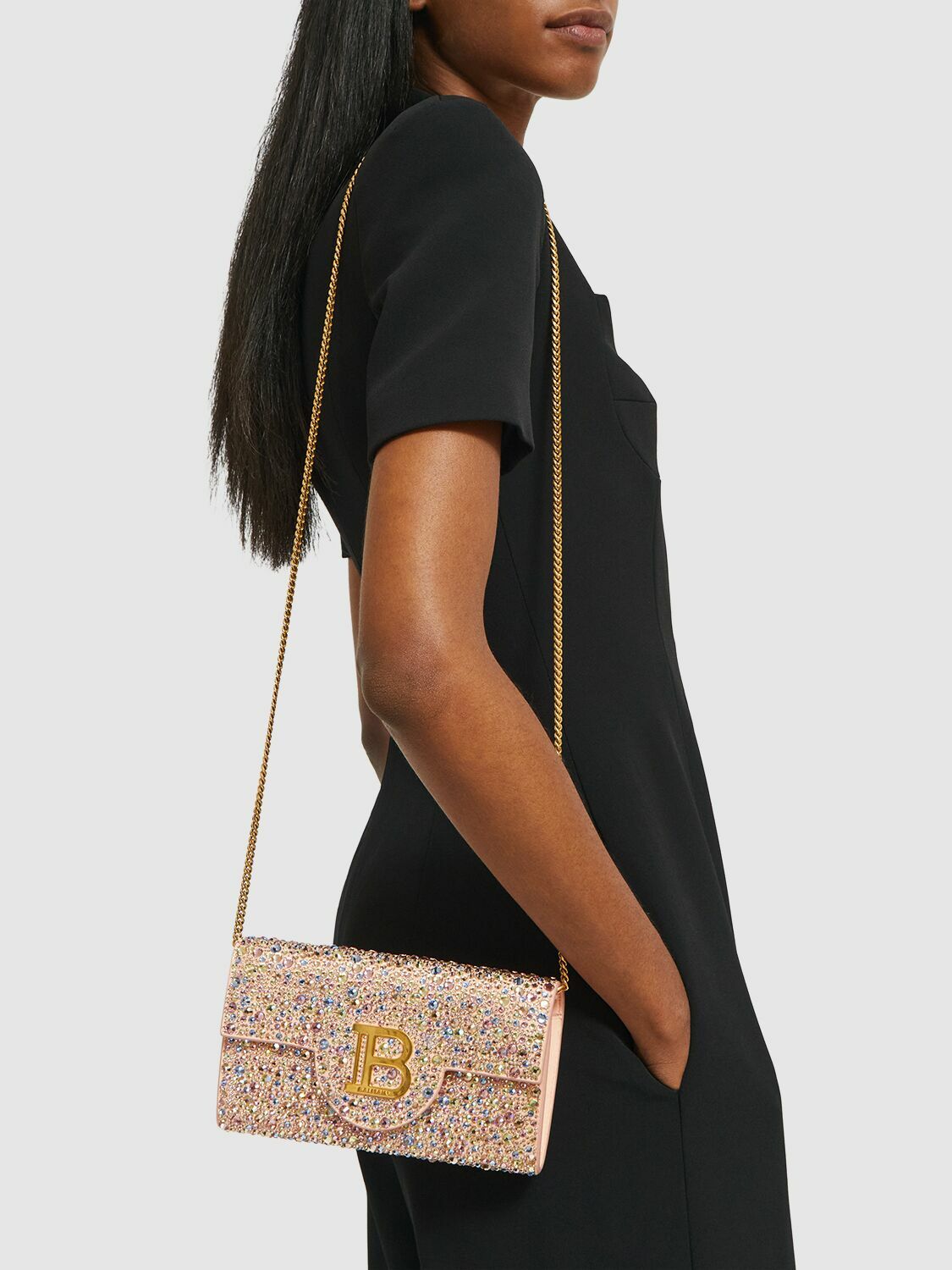 BALMAIN - B-buzz Suede Leather & Crystal Clutch Balmain