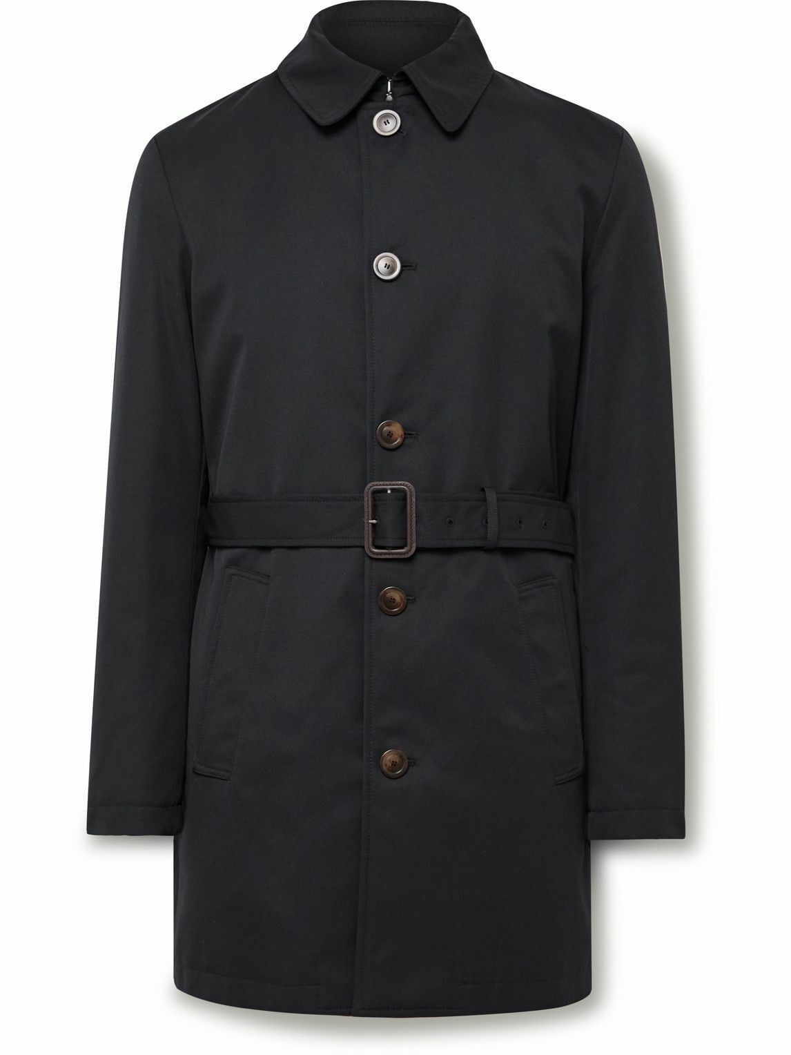 Canali - Leather-Trimmed Belted Padded Twill Trench Coat - Blue Canali