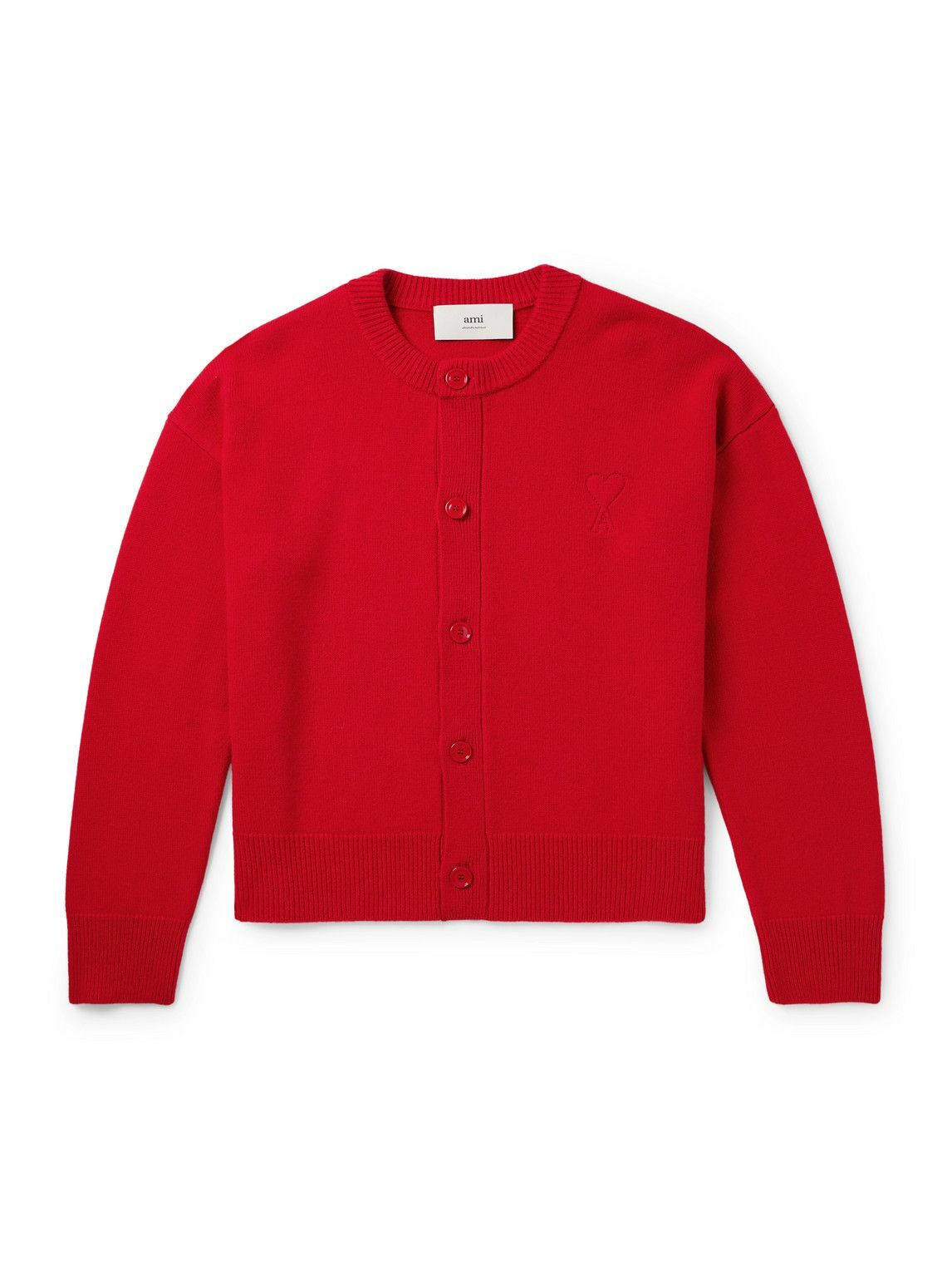 AMI PARIS - Logo-Embroidered Wool and Cashmere-Blend Cardigan - Red AMI
