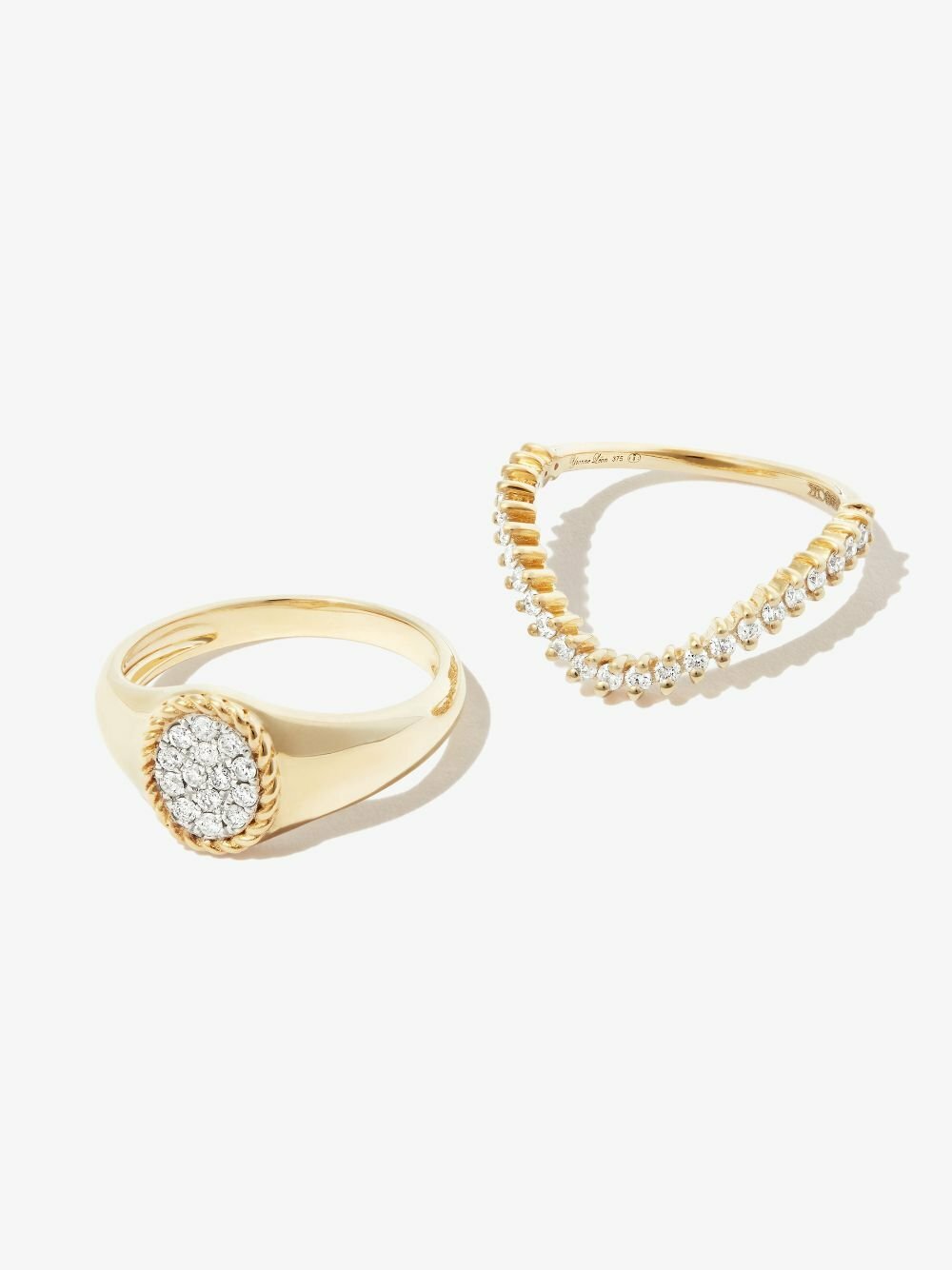 Yvonne Léon 9K Yellow Gold Coeur & Vague Diamond Signet Ring Set Yvonne ...