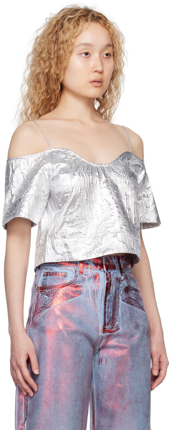 GANNI Silver Off-The-Shoulder Blouse GANNI